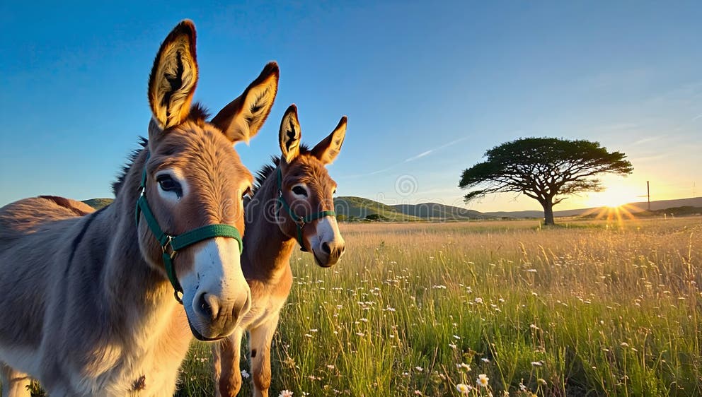 Two Donkeys Stand in a Sunset Lit Field with Rolling Hills Stock ...