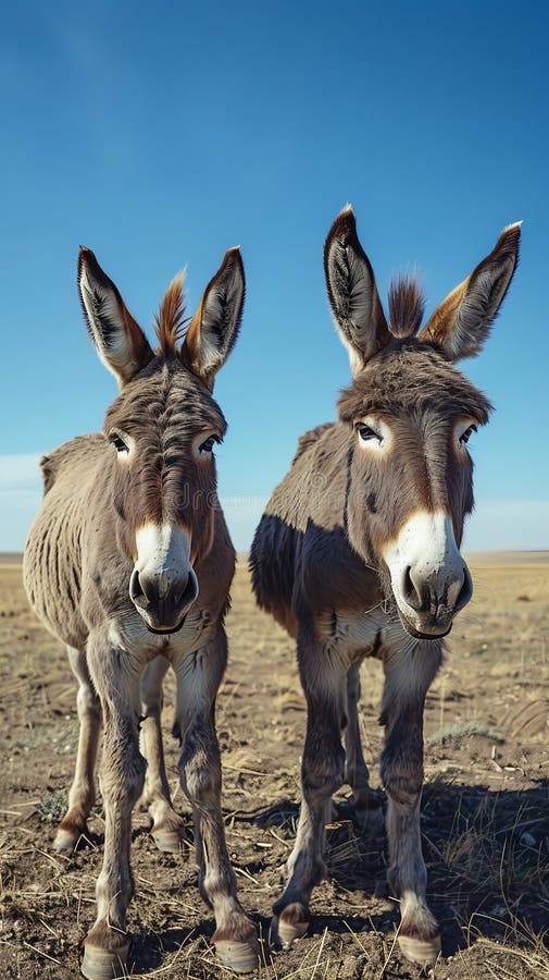 Two Donkeys Standing on a Dry Field Under a Clear Blue Sky Stock Photo ...