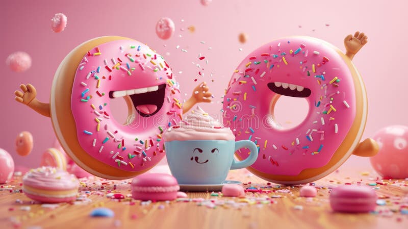 Two Donuts Cheering and Clinking Their Gles or Coffee Mugs As they Both ...