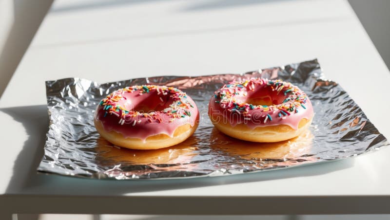 Two Donuts with Sprinkles on Them Sit on Tin Foil on Top of a Table ...