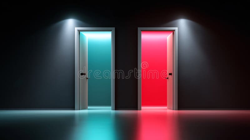 Two Doors Glow in Contrasting Colors in Dark Hallway, Symbolizing ...