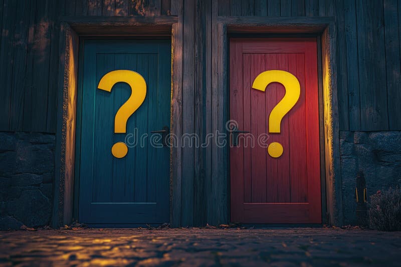 Two Doors with Painted Question Marks Stock Photo - Image of symbolic ...