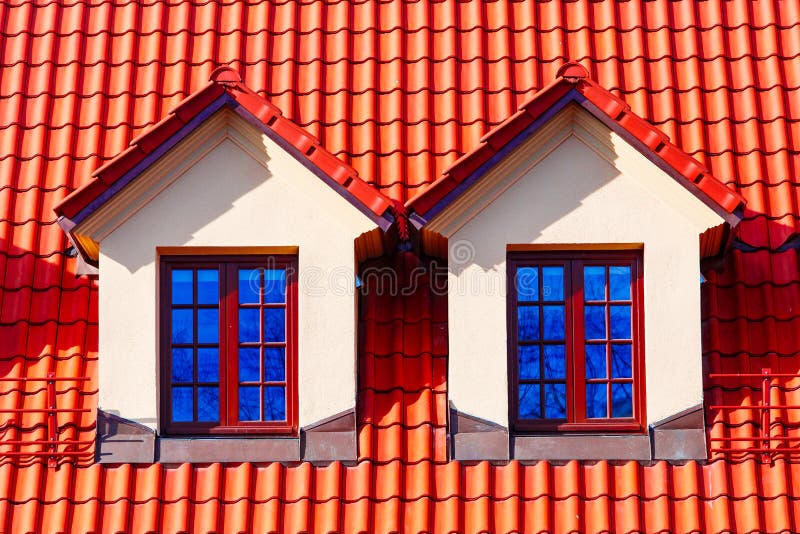 Two Dormer Windows on Tiled Roof, Close Up. Cottage Concept Stock Photo ...