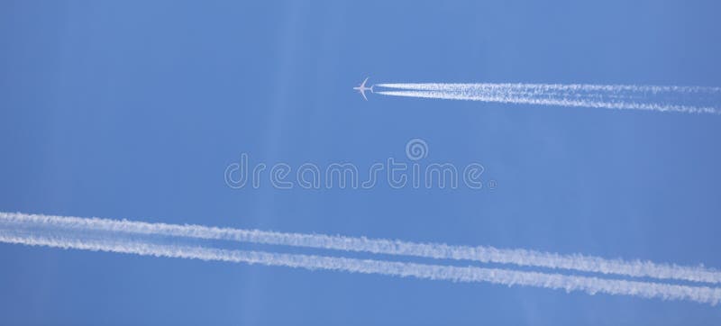 Two Double Airplane Tracks in Blue Sky Stock Photo - Image of travel ...