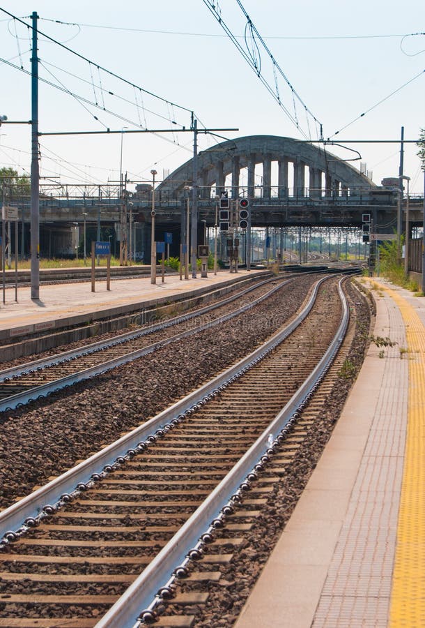 Two Double Train Tracks and Bridge Stock Image - Image of arrive ...