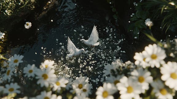 Two Doves Flying Over Stream, Daisies, Peace Stock Image - Image of ...