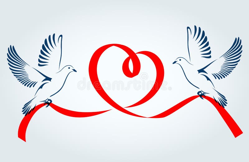 Two Doves Flying with a Red Ribbon in the Shape of Heart. Dove of Peace ...