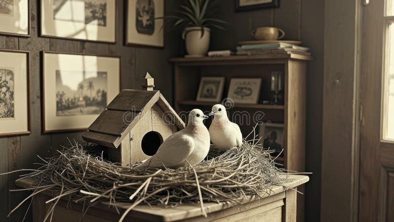 Two Doves Nesting in Rustic Indoor Setting with Wooden Birdhouse and ...