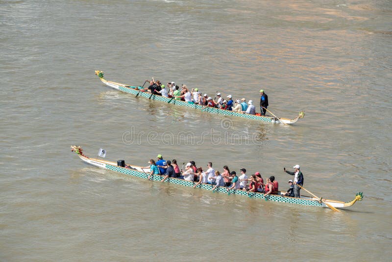 Two Dragon Boats with People on River Danube in Budapest, Hungary ...