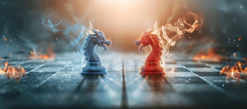 Two Dragon Chess Pieces are on a Board with Fire and Smoke in the ...