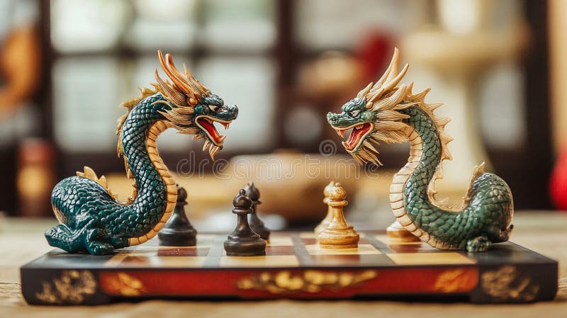Two Dragon Chess Pieces Face Each Other on a Chessboard Stock Image ...