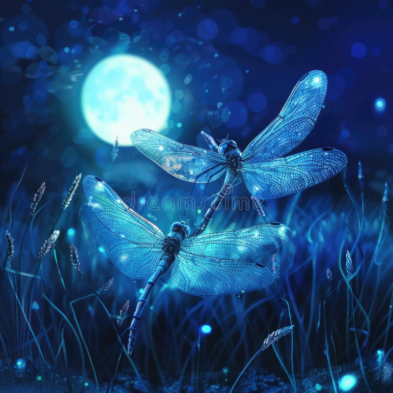 Two Dragonflies Dancing in the Moonlight Stock Illustration ...