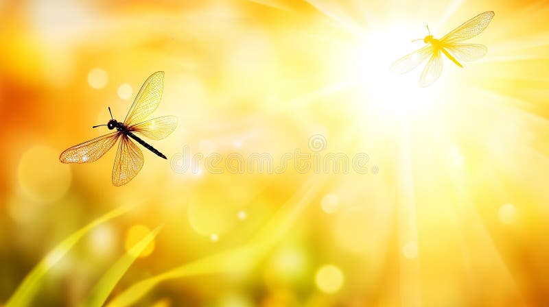 Two Dragonflies Flying in Bright Sunlight Over a Field of Grass with ...
