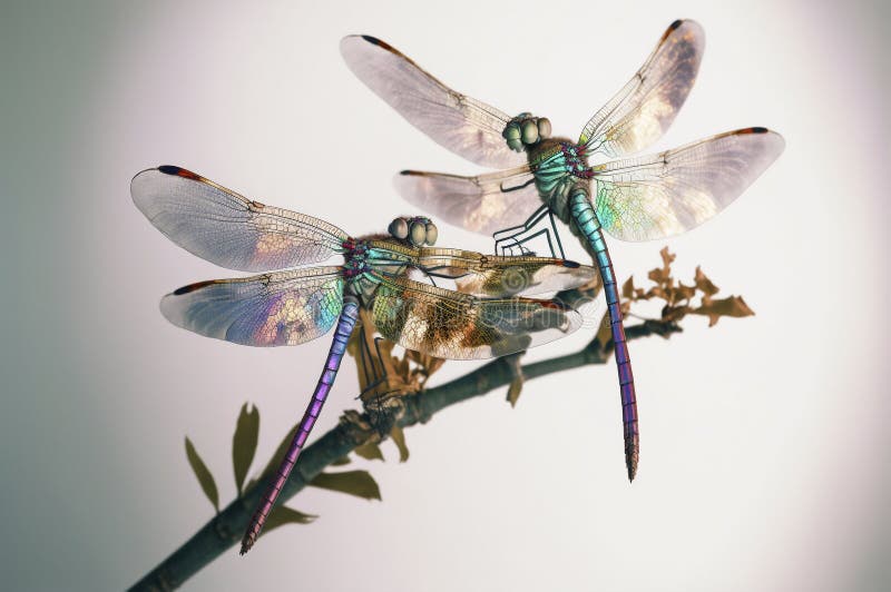 Two Dragonflies Perched on a Branch with a White Background. Generative ...
