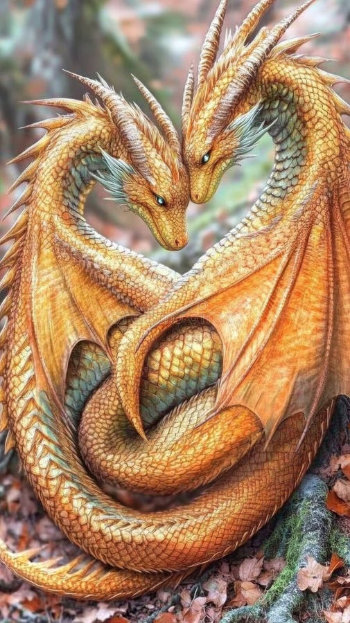 Two Dragons Curled Lovingly Together, Their Tails Intertwining To Form ...