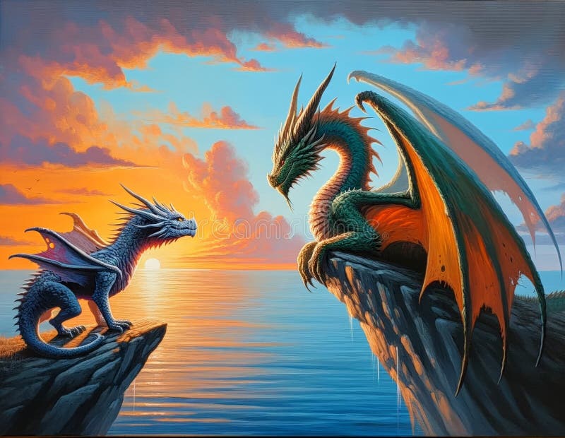 Two Dragons Facing Each Other at Sunset on a Cliff Stock Illustration ...