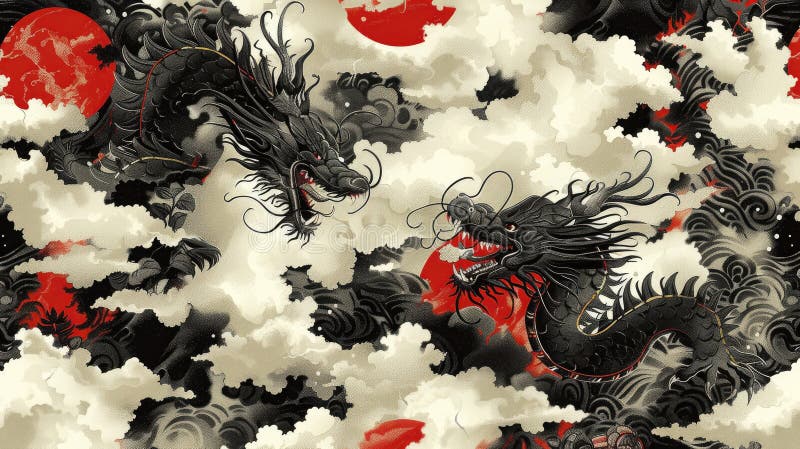 Two Dragons are Fighting in the Sky with a Red Moon in the Background ...