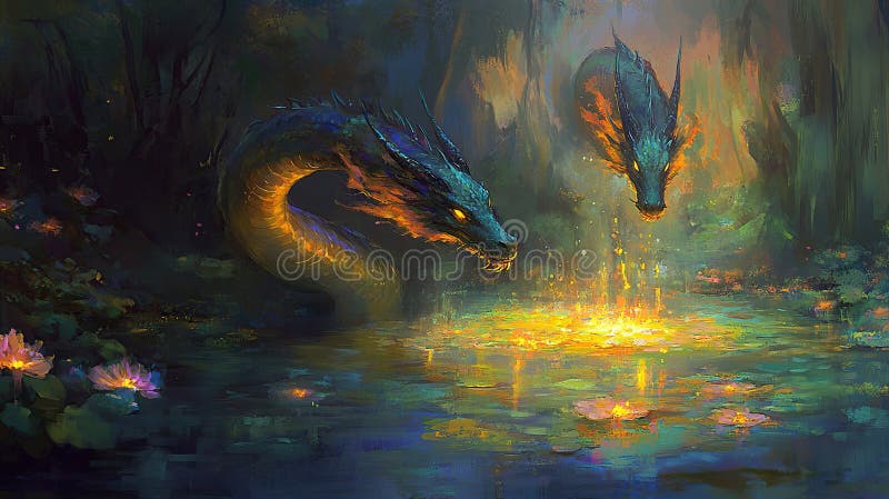 Two Dragons by Glowing Pond in Mystical Forest Stock Image - Image of ...