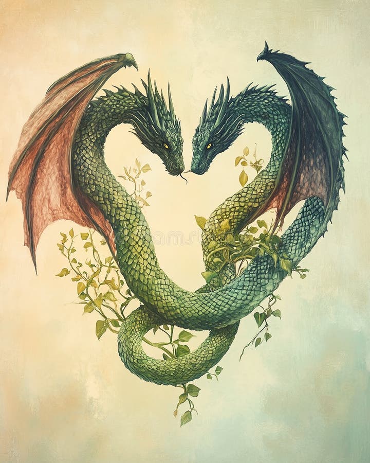 Two Dragons Intertwined in a Heart Shape with Foliage, Creating a Romantic Image Stock ...