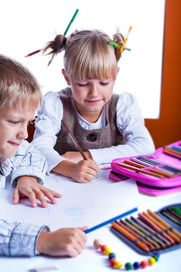Two drawing kids stock photo. Image of building, schoolgirl - 6704758