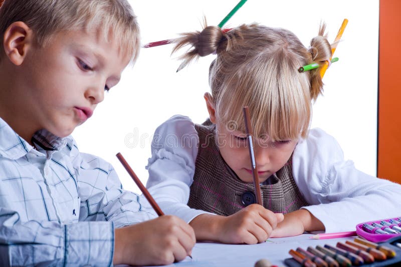 Two drawing kids stock photo. Image of homework, child - 7514032