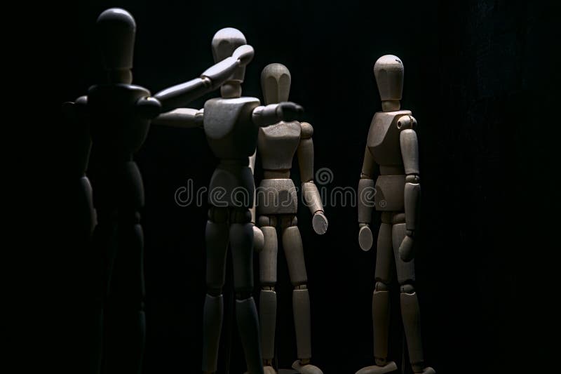 Two Drawing Mannequins Stare at Another One in the Act of Yelling ...