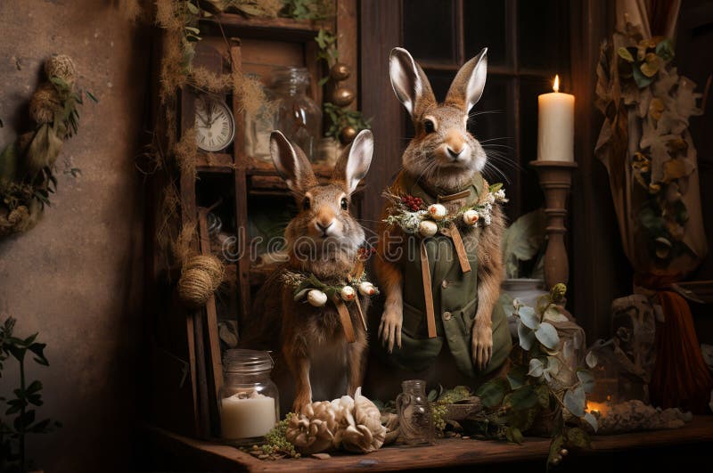Two Dressed Rabbits Sitting on a Wooden Table, an Image with Dim Light ...