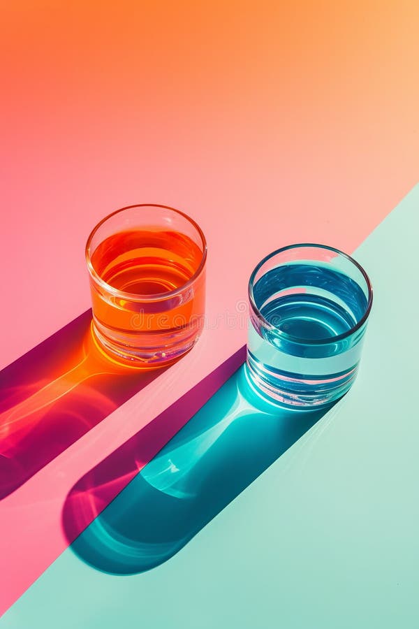 Two Drinking Glasses with Colored Liquid Casting Shadows on Dual-tone ...