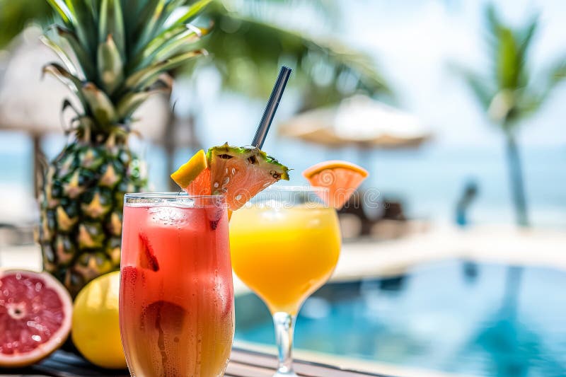 Two Drinks on a Beach, One is Orange and the Other is Red. Stock Image ...