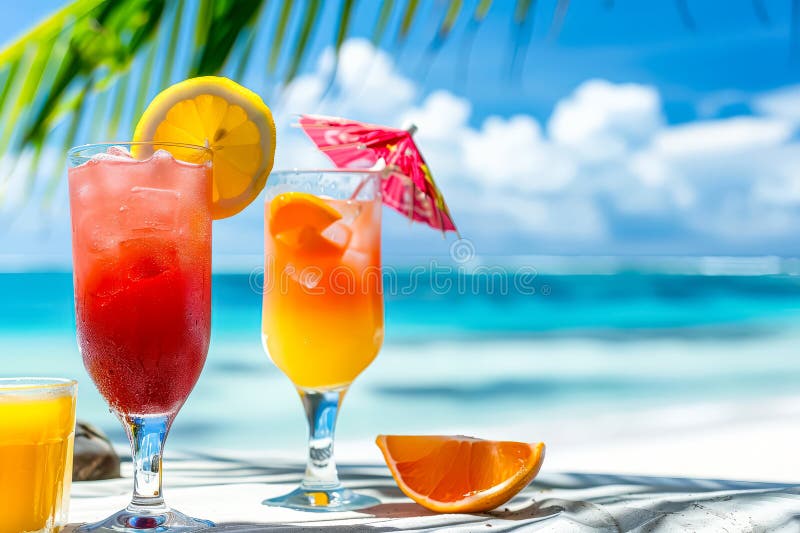 Two Drinks on a Beach, One is Orange and the Other is Red. Stock Photo ...