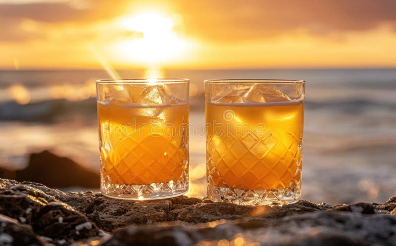 Two Drinks on Beach at Sunset Stock Photo - Image of juice, cool: 308827316