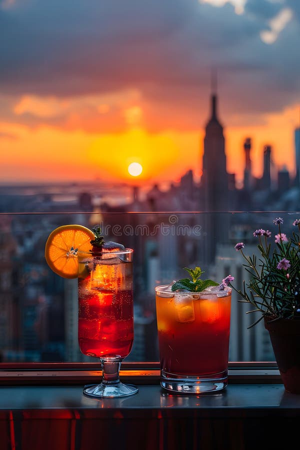 Two Drinks on Table with City View at Sunset, Under Orange Afterglow ...