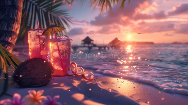 Two Drinks are Sitting on the Beach Next To a Coconut, AI Stock Photo ...
