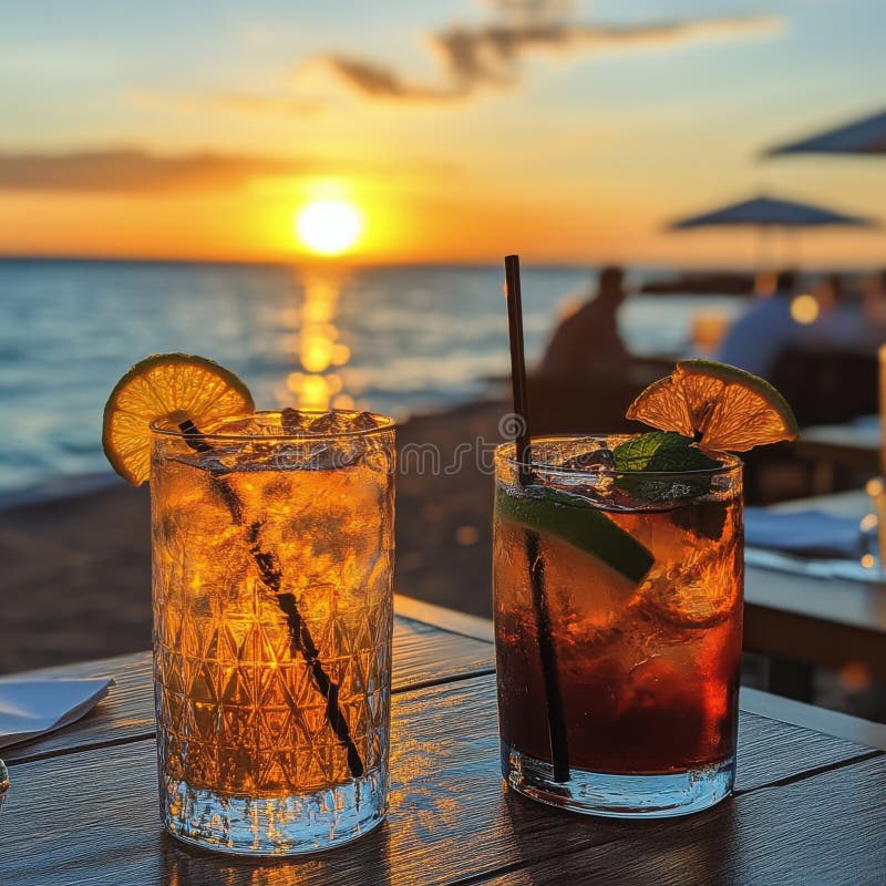 Two Drinks with Straws in Them Sit on a Table by the Ocean Stock Photo ...