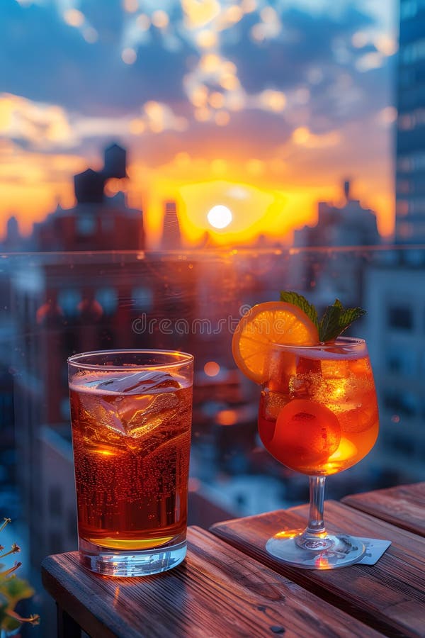 Two Drinks on a Table As the Sky Turns Amberorange at Sunset Stock ...