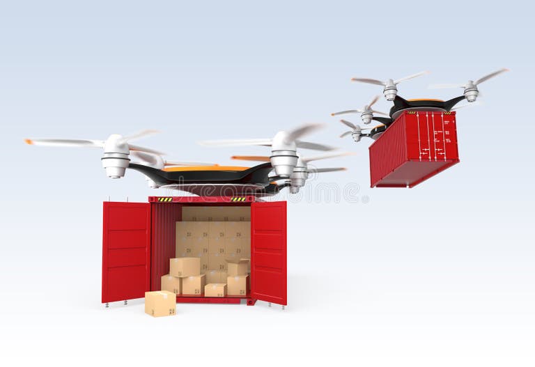 Two Drone Carrying Cargo Containers Stock Photo - Image of hexacopter ...