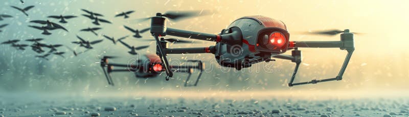 Two Drones Flying in Formation Against a Misty Background Stock Image ...