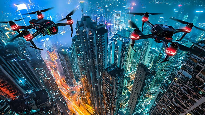 Two Drones Flying Over a Vibrant City at Night Stock Photo - Image of ...