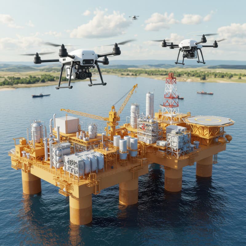 Two Drones Inspecting Offshore Oil Platform Stock Illustration ...