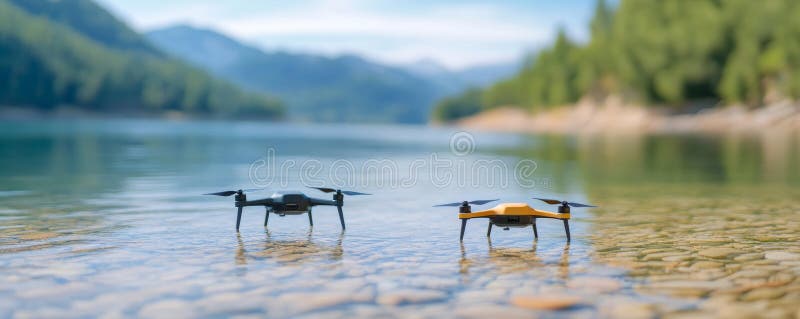 Aerial Drones Hovering Near Mountain Lake Shoreline, Capturing Scenic ... Aerial Drones Hovering Near Mountain Lake Shoreline, Capturing Scenic ...
