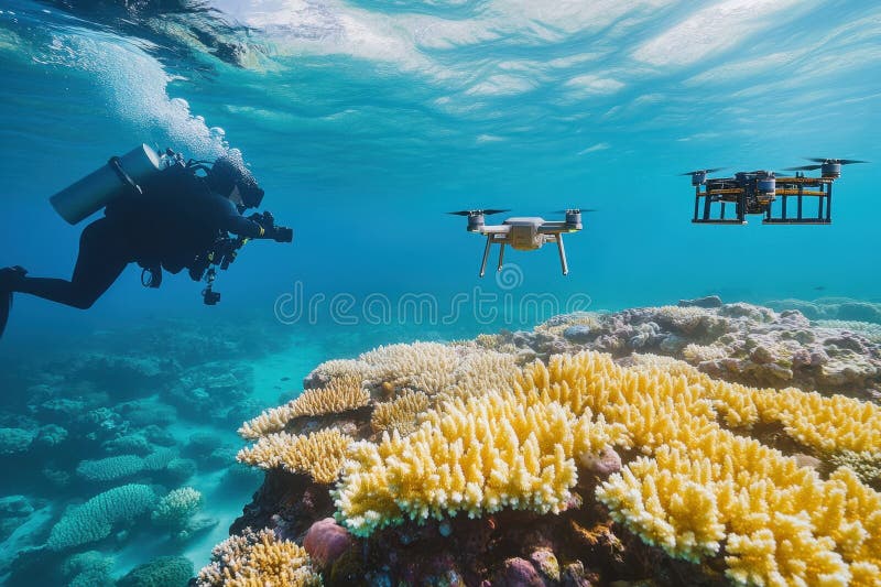 Exploring Coral Reefs with Underwater Drones and a Diver in Clear ...