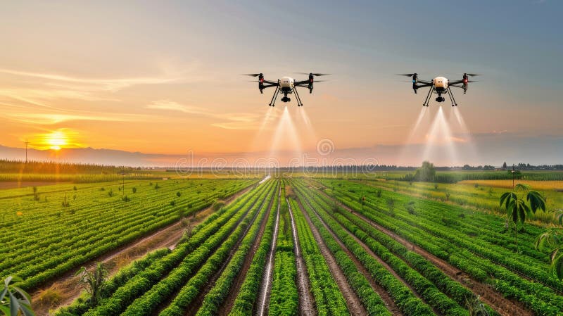 Two Drones Spray a Large Field of Crops at Sunset Stock Image - Image ...