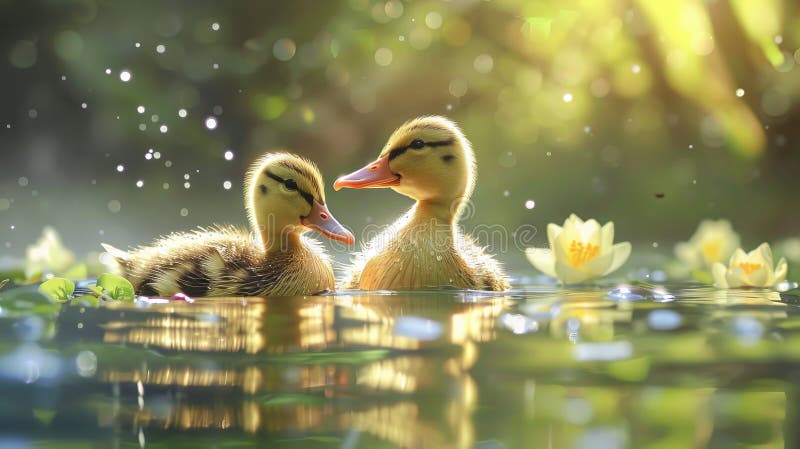 Two Ducklings Swimming in a Pond with Water Lilies Stock Image - Image ...
