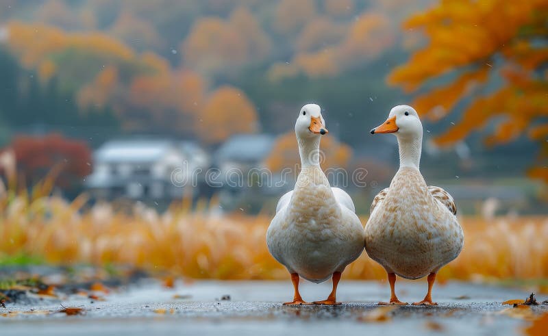 Two Ducks in Autumn Rain. stock image. Image of ducks - 330404059