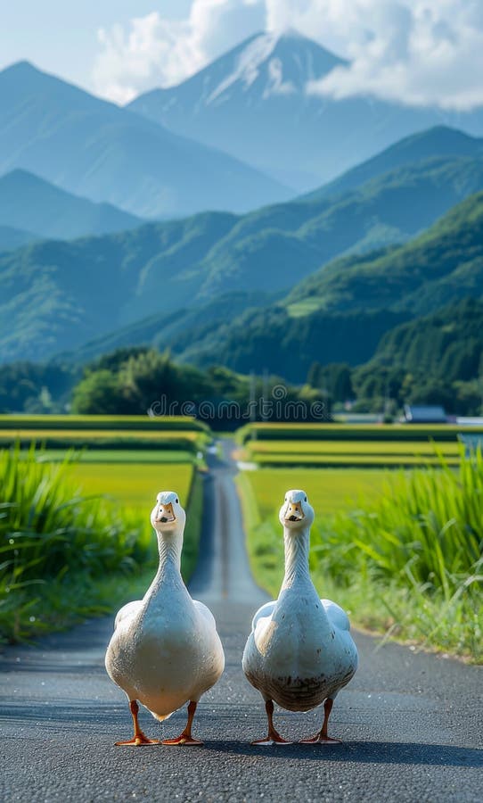 Two Ducks Crossing the Road. Two Ducks Walking on the Road in Front of ...