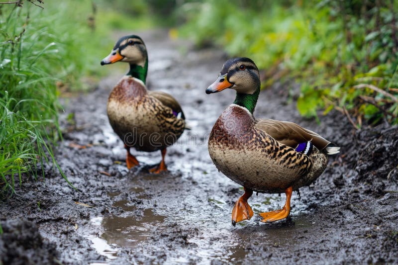 Two Ducks Playfully Waddle through a Muddy Farm Path, Showcasing Their ...