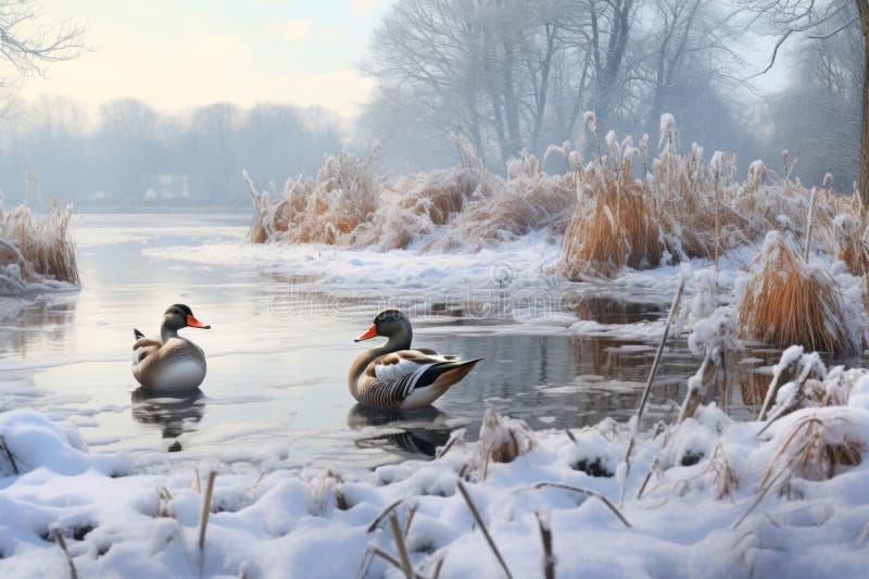 Two Ducks in a Pond in Winter Stock Image - Image of duck, male: 292351579