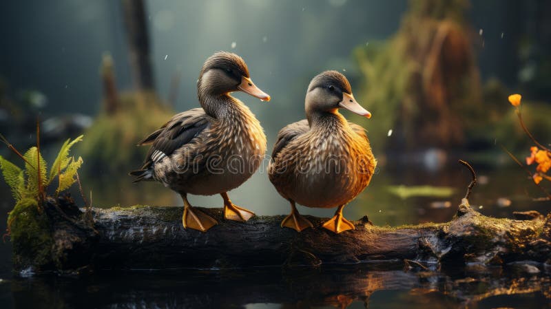 Two Ducks Standing on a Log. Generative AI. Stock Illustration ...