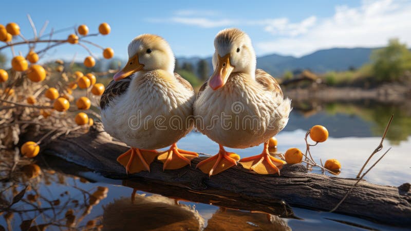 Two Ducks Standing on a Log. Generative AI. Stock Illustration ...