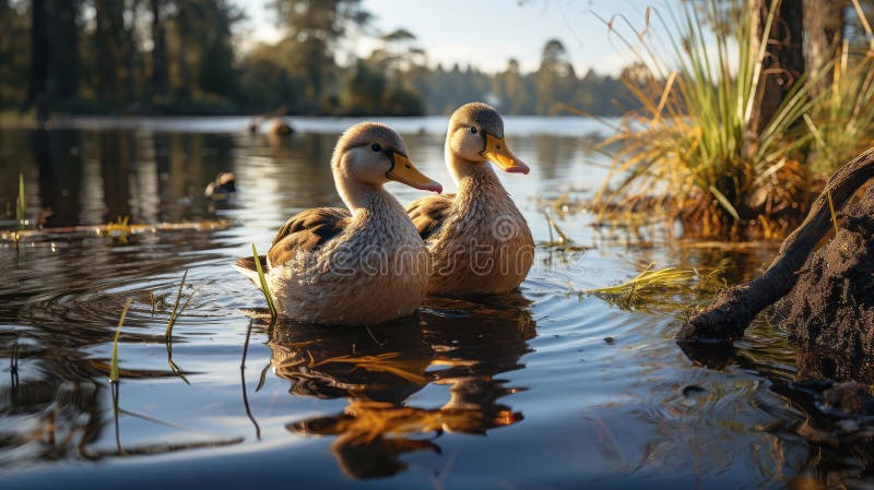 Two Ducks Standing on a Log. Generative AI. Stock Illustration ...